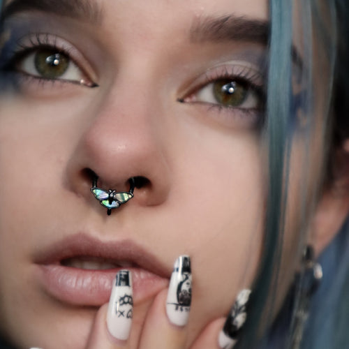 Silver and Black Abalone Moth Septum Ring