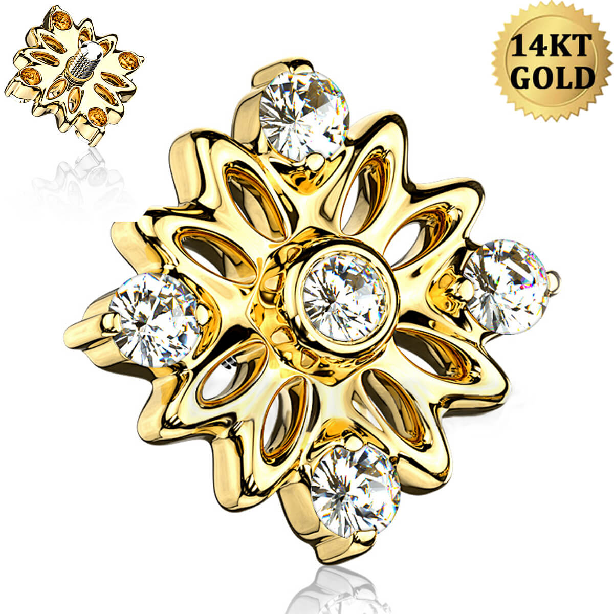 14K Solid Gold Dermal Top CZ Gemstone Flower Dermal Top