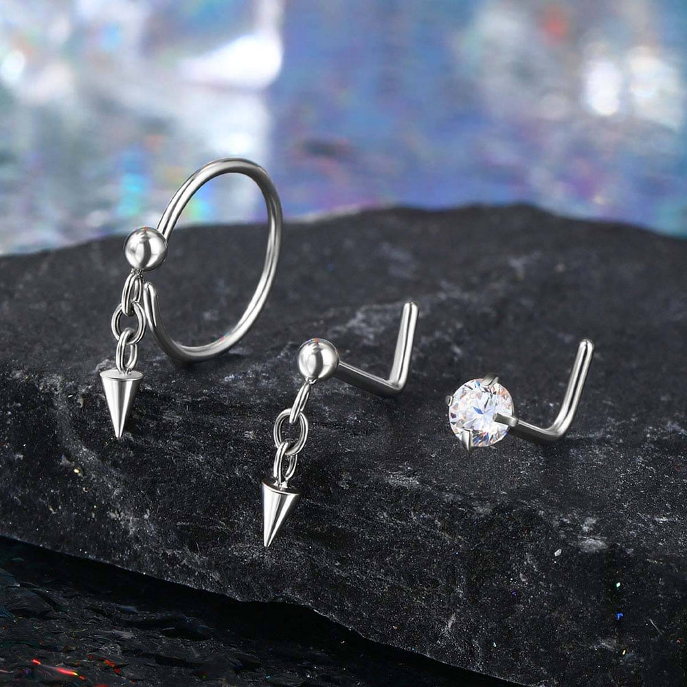 3Pcs Spike Dangle Nose Stud and Hoop Pack
