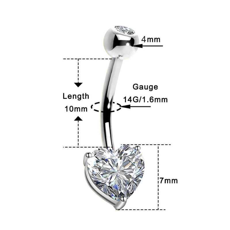 14K Belly Ring CZ White Gold Belly Ring Heart Belly Button Ring