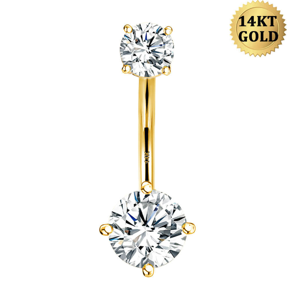 14K Gold 14G Top and Bottom CZ Belly Ring